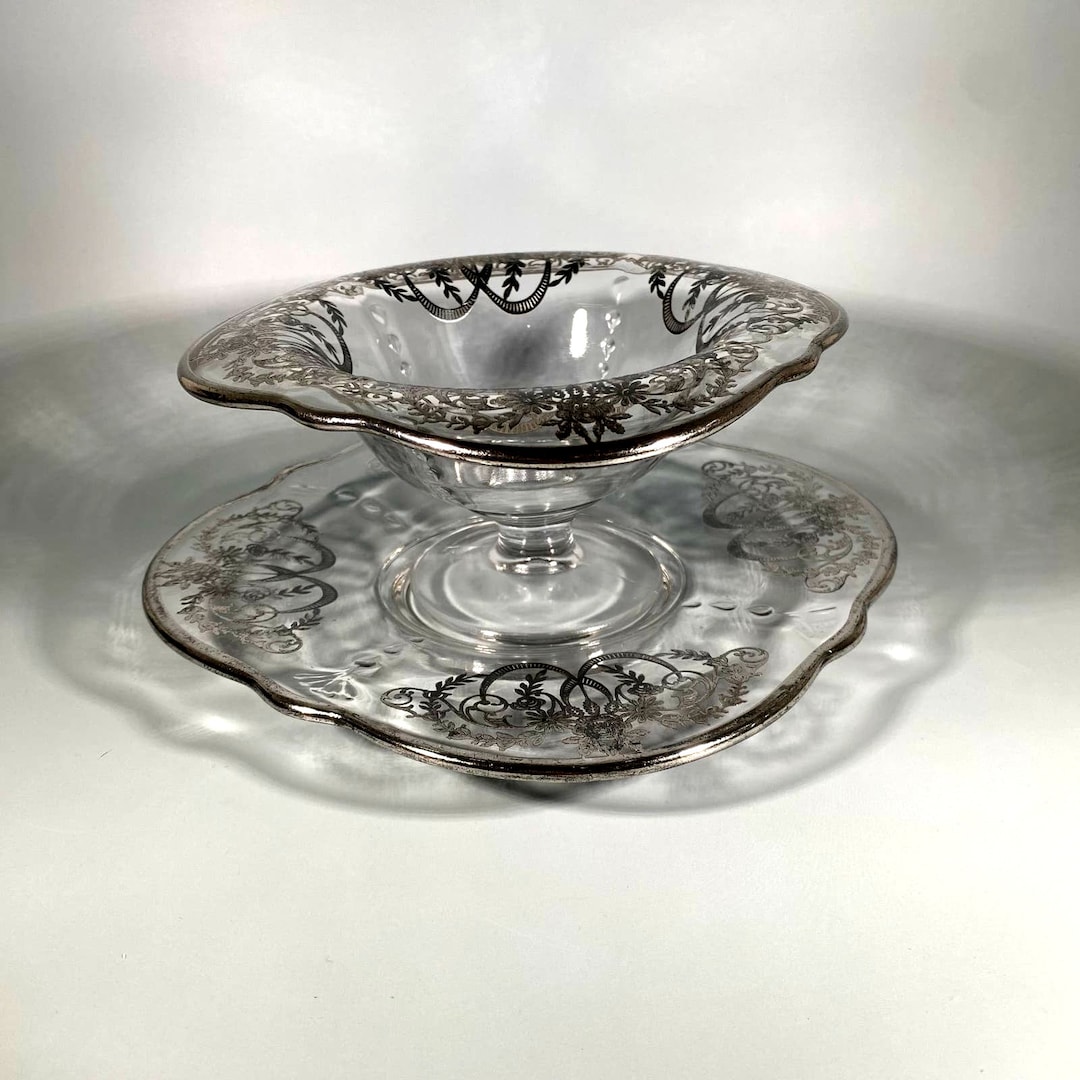 Vintage Glass Dish Matching Plate Stamped Sterling Silver Filigree ...