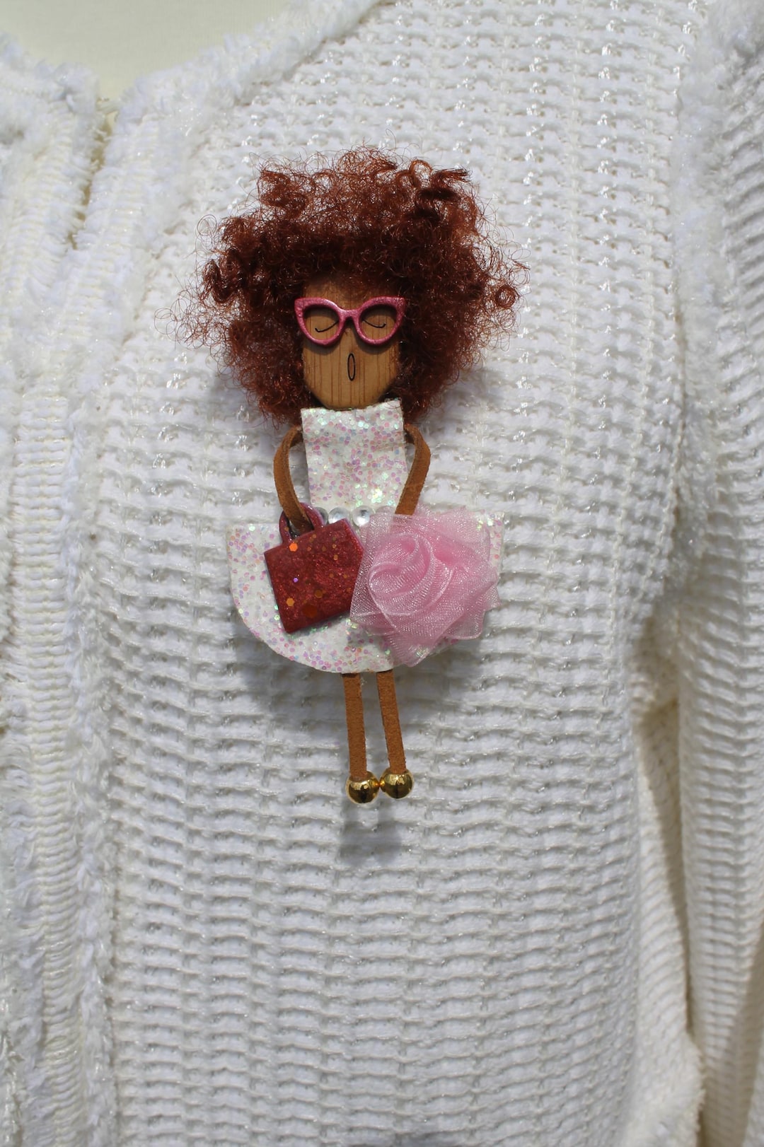 Handmade Afro Woman Stick Doll Brooch, Crystal Jewels, Auburn/grey ...