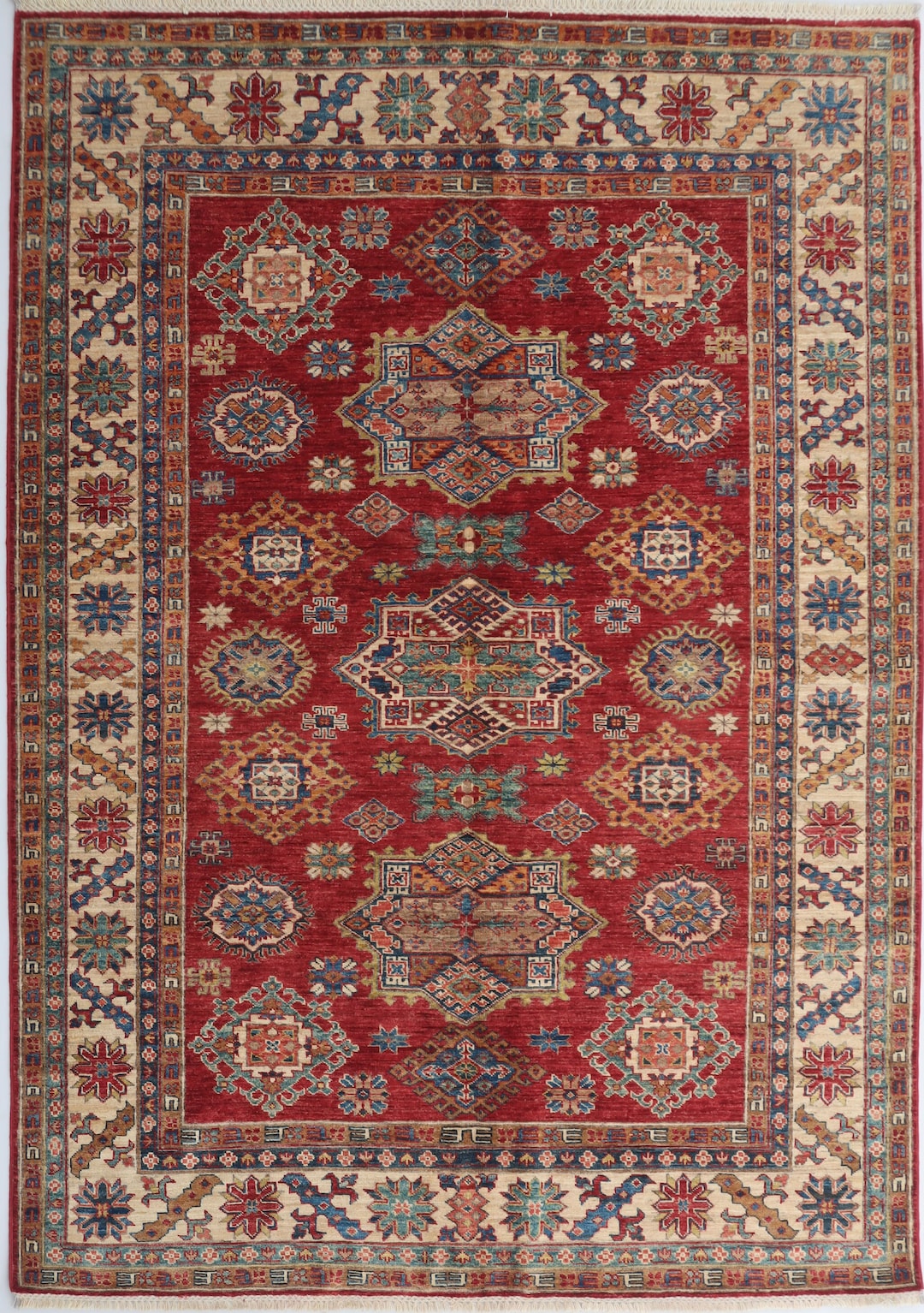 6X9 FT Kazak Area Rug - Red Afghan Hand Knotted Oriental Rug - Kitchen ...