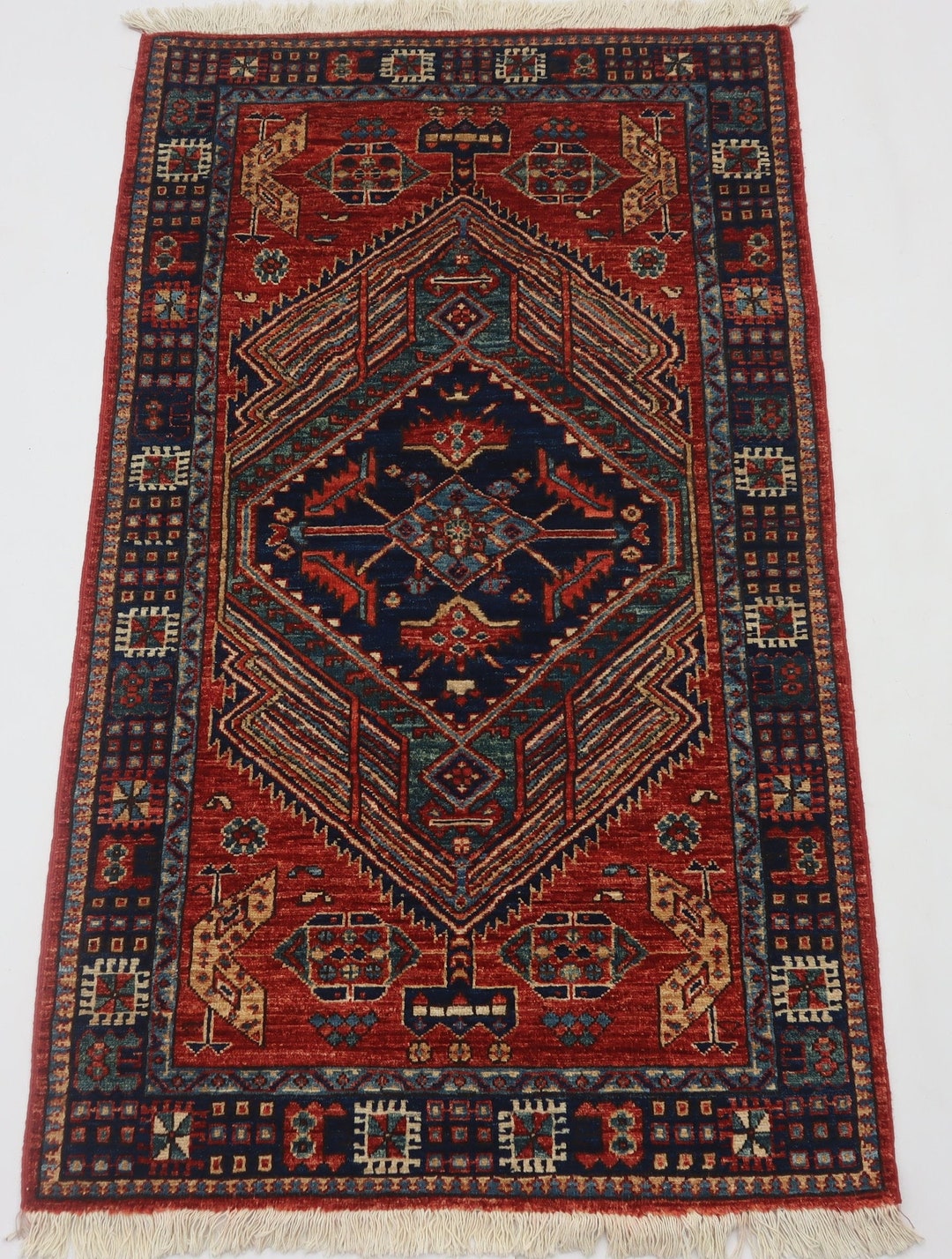 3x5ft Heriz Rug - Red Traditional Afghan Hand Knotted Natural Dyes Wool ...