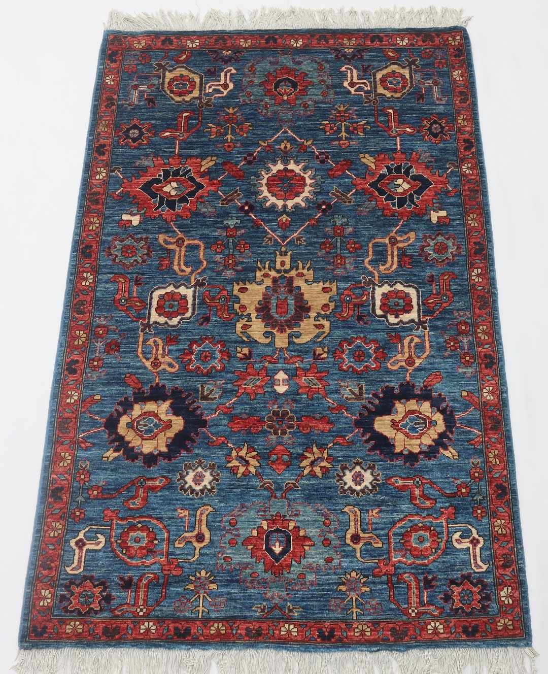 4x6ft - Blue Bidjar Rug - Harshang Persian Style Afghan Hand Knotted ...