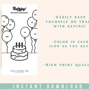 Birthday Coloring Savings Challenge, Saving Challenge Printable, Low ...