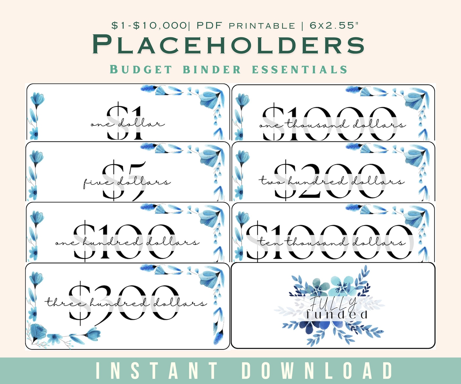 Placeholders Blue Floral for Cash Stuffing Printable, Budget Binder ...
