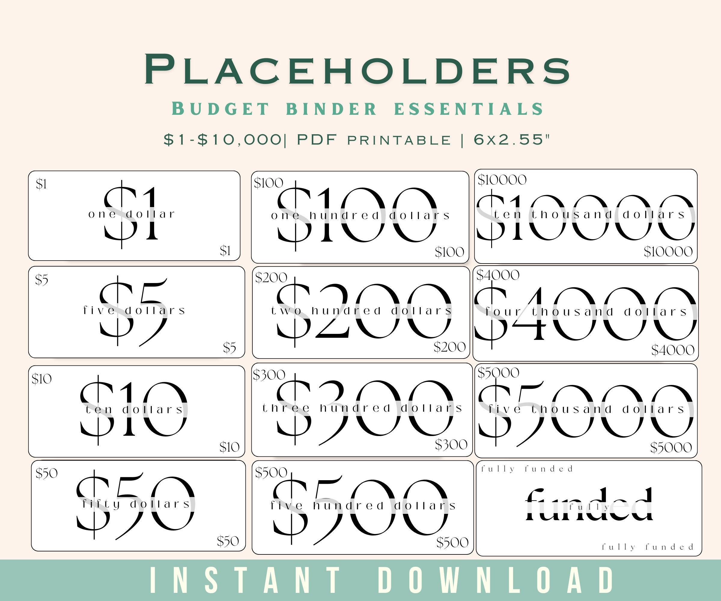 Dollar Bill Placeholders for Cash Stuffing, Printable Budget Binder ...