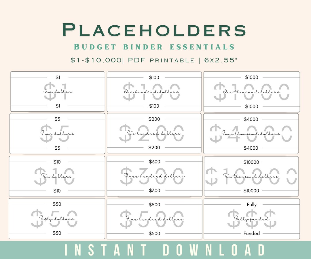 Money Placeholders for Cash Stuffing, Printable Budget Binder Essential ...
