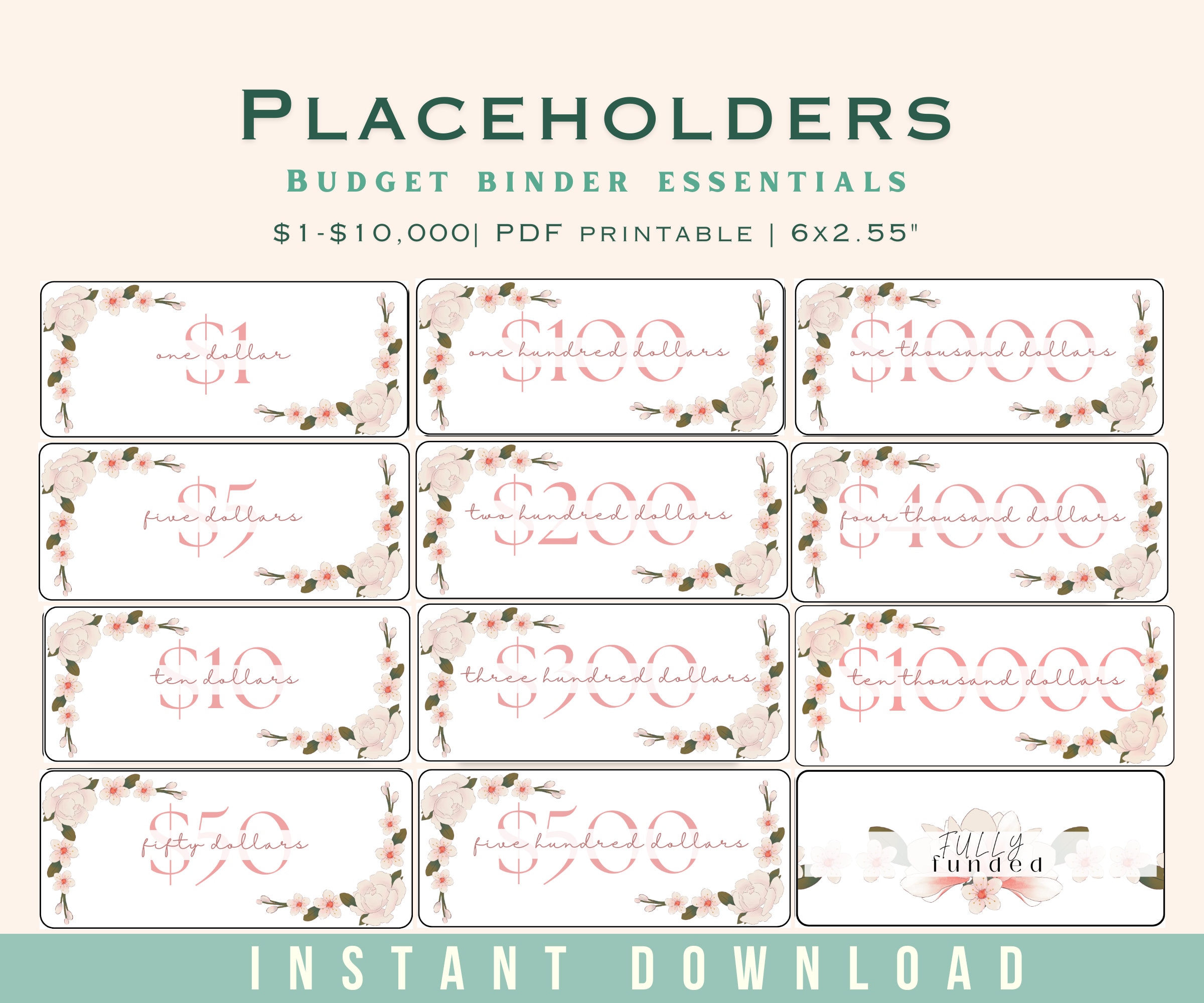 Placeholders Pink Floral for Cash Stuffing Printable, Budget Binder ...
