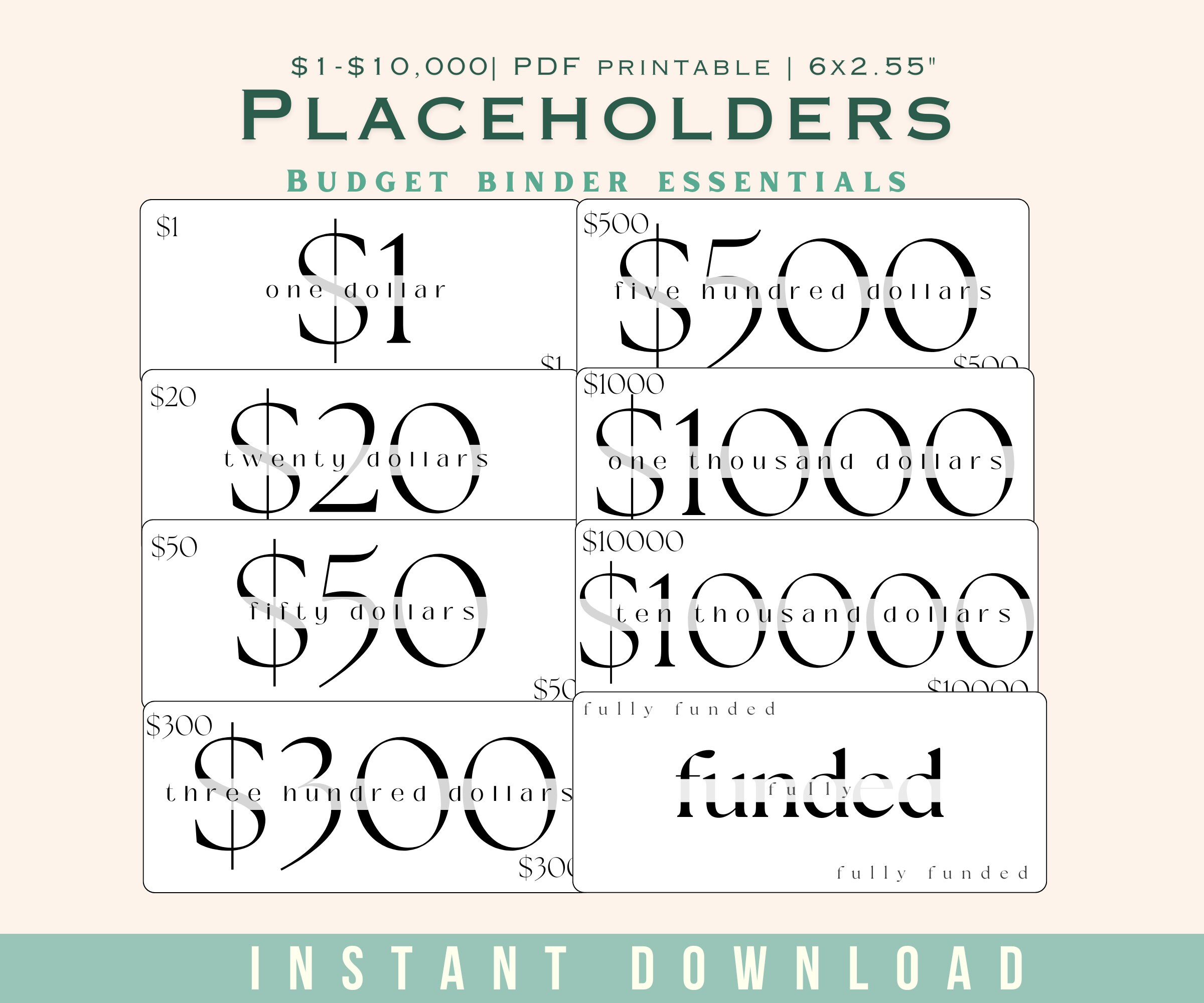 Dollar Bill Placeholders for Cash Stuffing, Printable Budget Binder ...