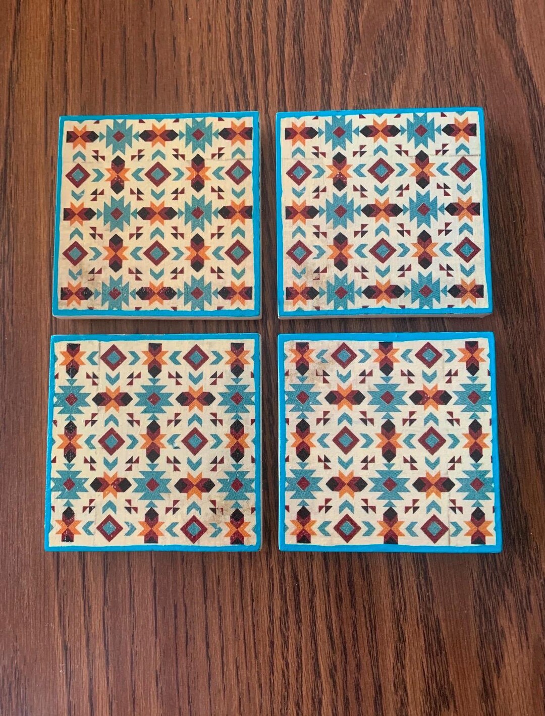 Tribal Print With Blue Borders, Handmade Set of Coasters, Native ...