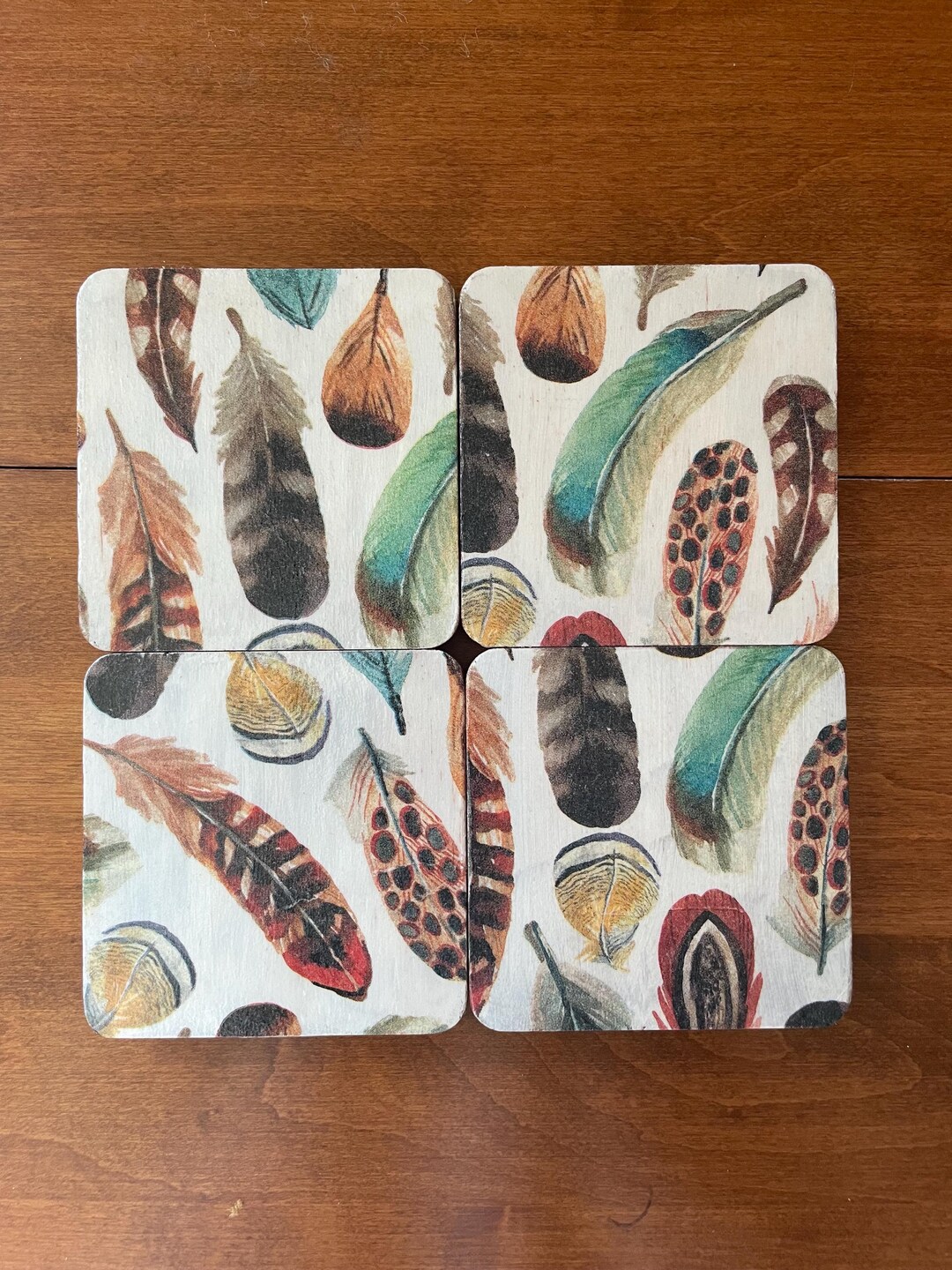 Dark Brown Native Feathers, Handmade Set of Coasters, Native American ...