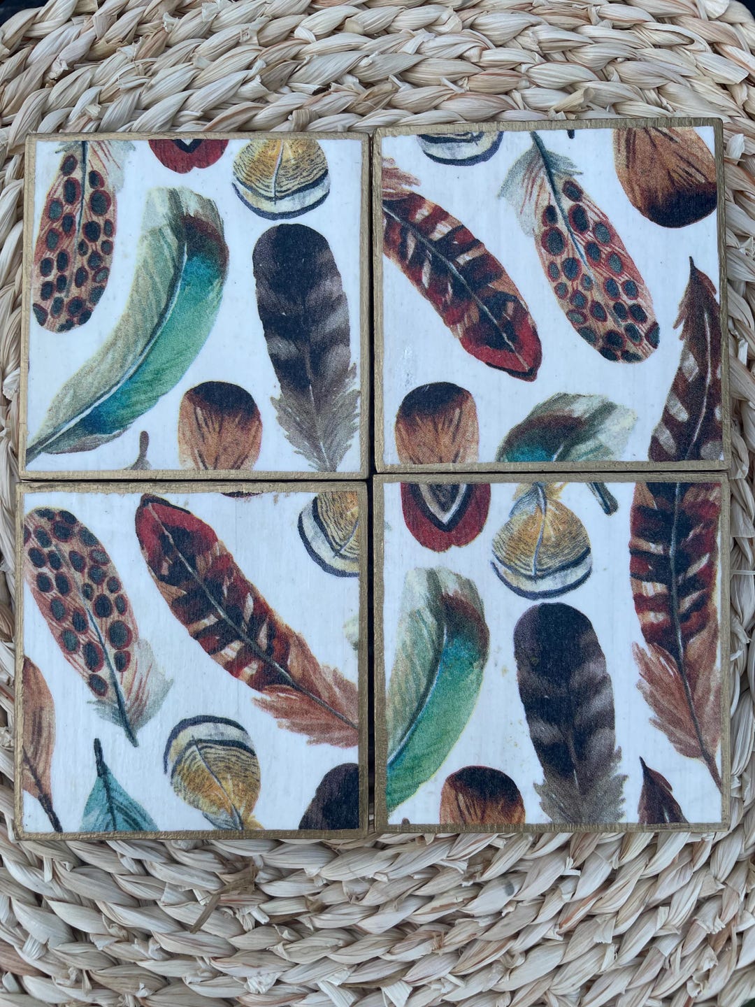 Native Feathers, Handmade Set of Coasters, Native American Made, Set of ...