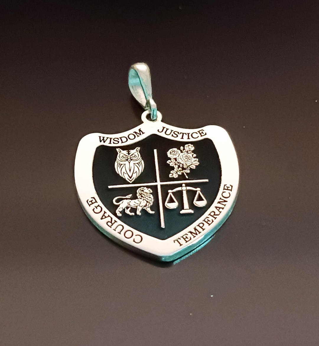 Wisdom & Virtues Shield Necklace Symbolic Pendant of Courage, Justice ...