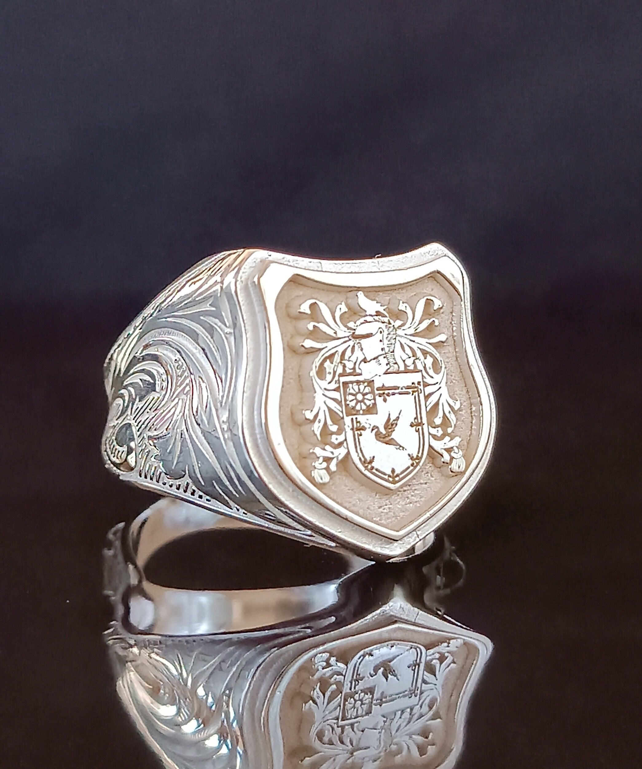 Custom Shield Ring With Engraved Crest, Silver Statement Accessory ...