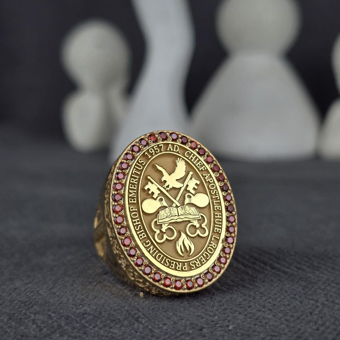 Bishop Ring With Red Stones, Christian Clergy Signet Ring, Gold Tone ...