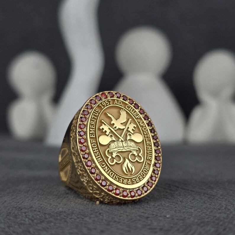 Bishop Ring With Red Stones, Christian Clergy Signet Ring, Gold Tone ...