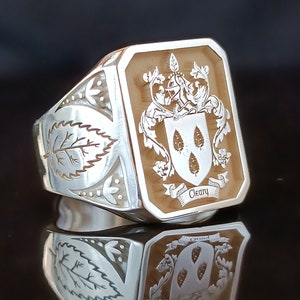 Family Crest Coat of Arms Shield Signet Ring, Sterling Silver ...
