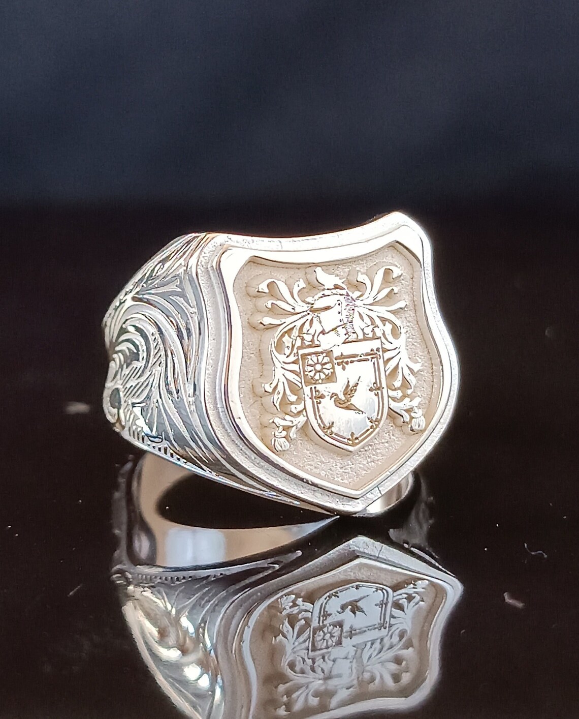 Custom Shield Ring With Engraved Crest, Silver Statement Accessory ...