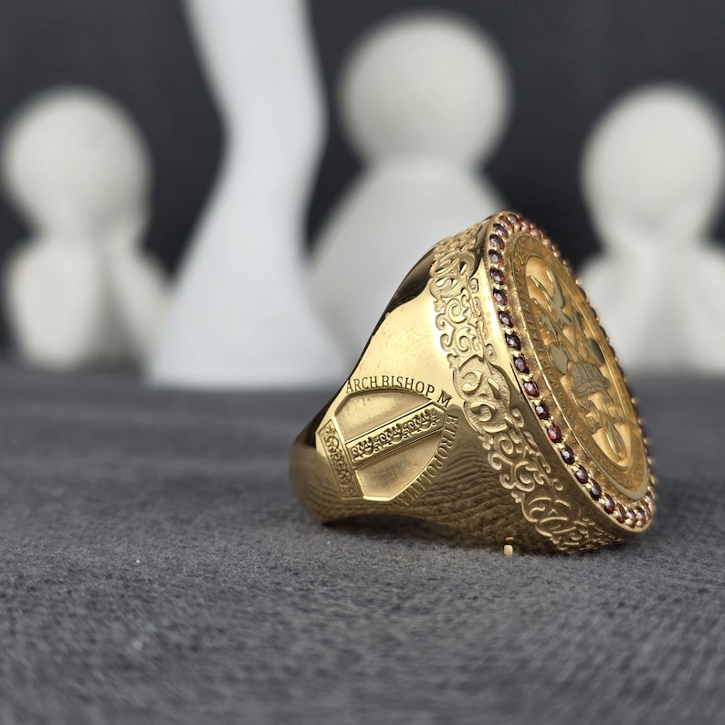 Bishop Ring With Red Stones, Christian Clergy Signet Ring, Gold Tone ...