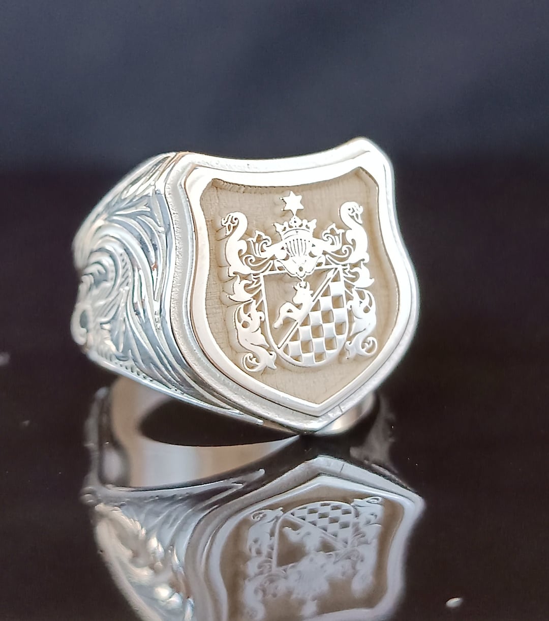 Shield Shape Silver Ring With Intricate Family Crest Engraving and ...