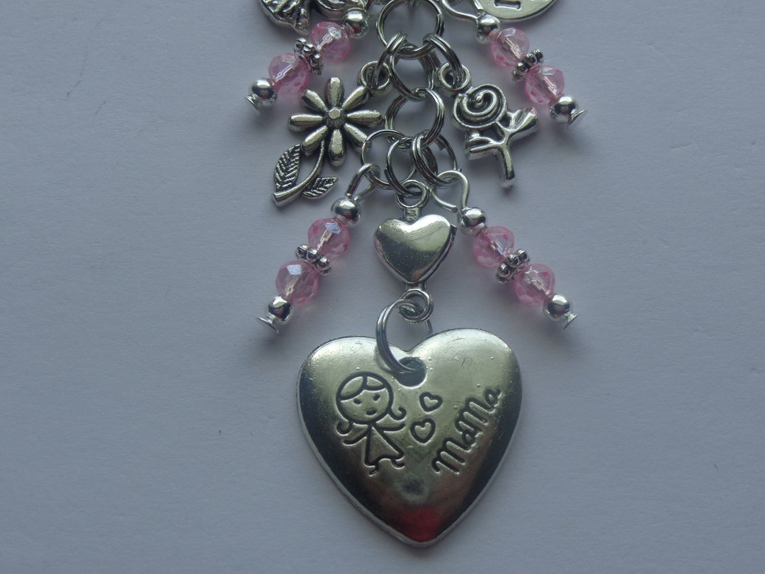 Mama Heart Charm Keychain, Antique Silver, Crystal Beads. - Etsy