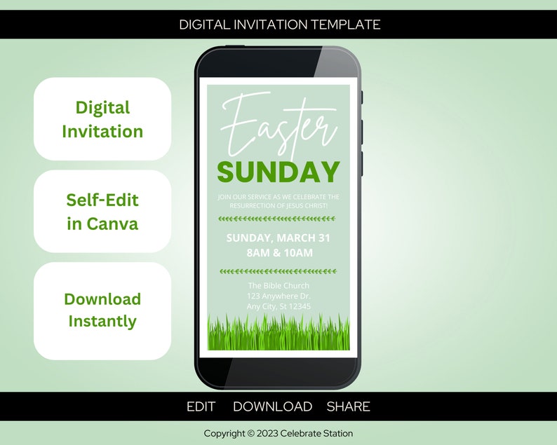 Easter Service Invitation, Green, Digital Editable Canva Template - Etsy