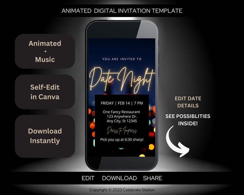 Date Night Invitation, Midnight Blue, Digital and Animated + Music ...