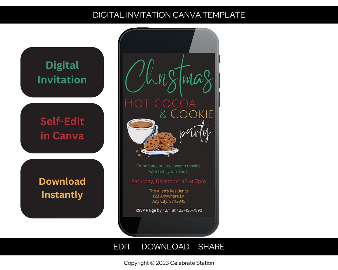 Christmas Cocoa & Cookie Party Invitation, Digital Editable Canva ...