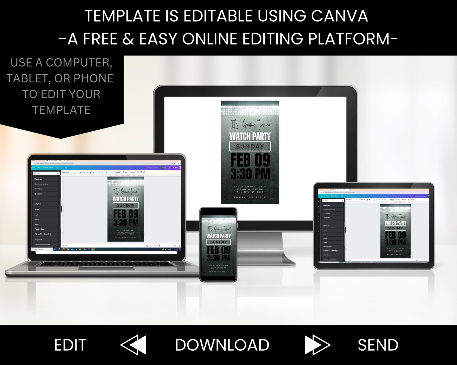 Game Time Watch Party Invitation: Editable Canva Template (digital ...