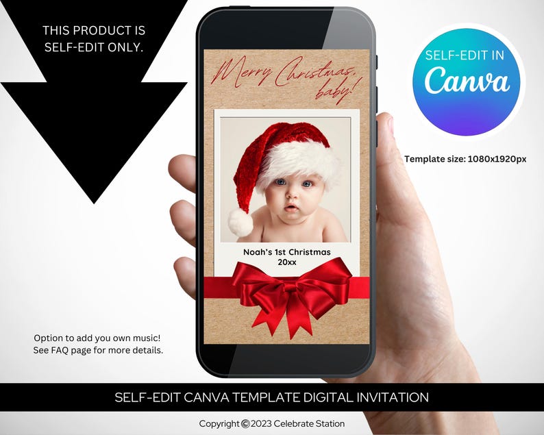 Merry Christmas Baby Card, Baby's First Christmas, Digital Editable ...