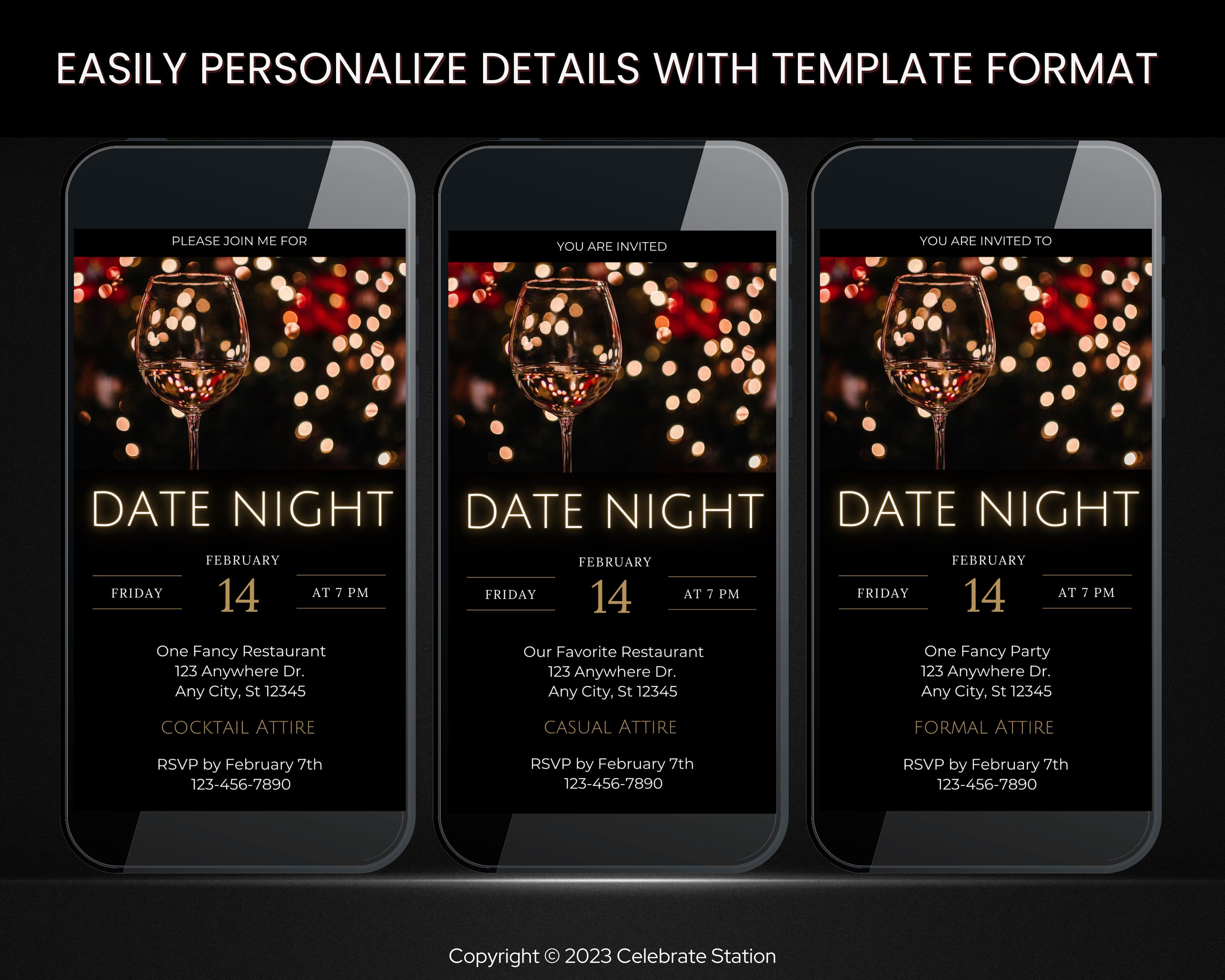 Animated Date Night Invitation: Black and Gold, Editable Canva Template ...