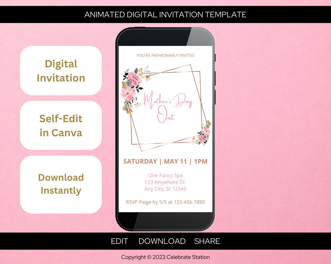 Mother's Day Out Invitation, Square Frame, Digital Editable Canva ...