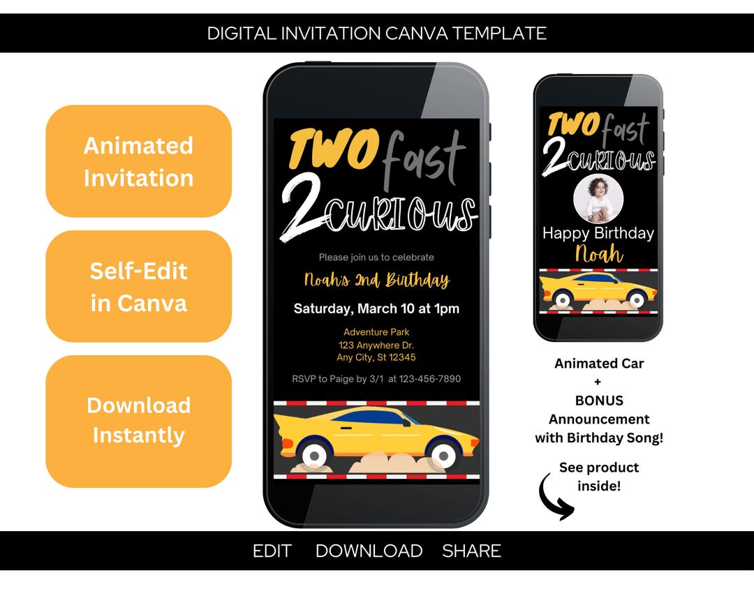 Two Fast 2 Curious Birthday Invitation BONUS Birthday Announcement ...