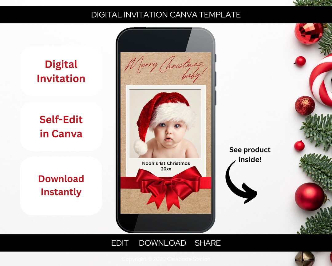 Merry Christmas Baby Card, Baby's First Christmas, Digital Editable ...