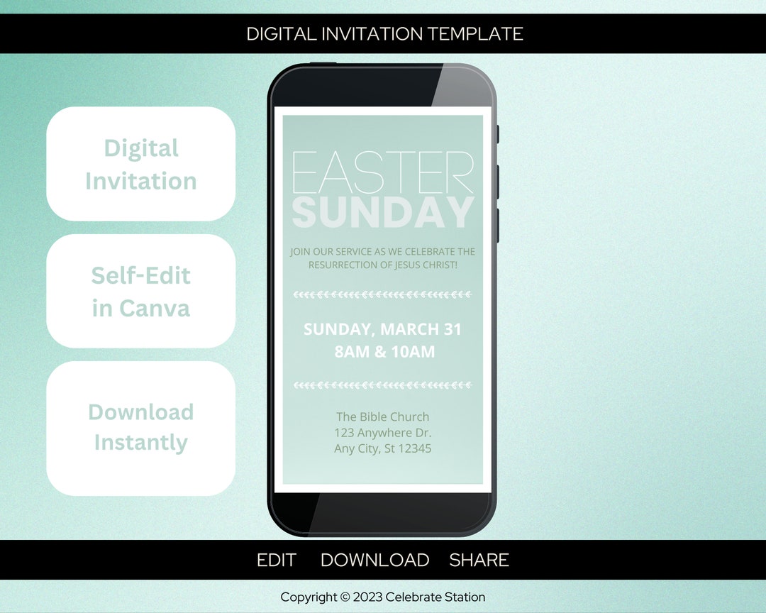Easter Service Invitation, Mint Green, Digital Editable Canva Template ...