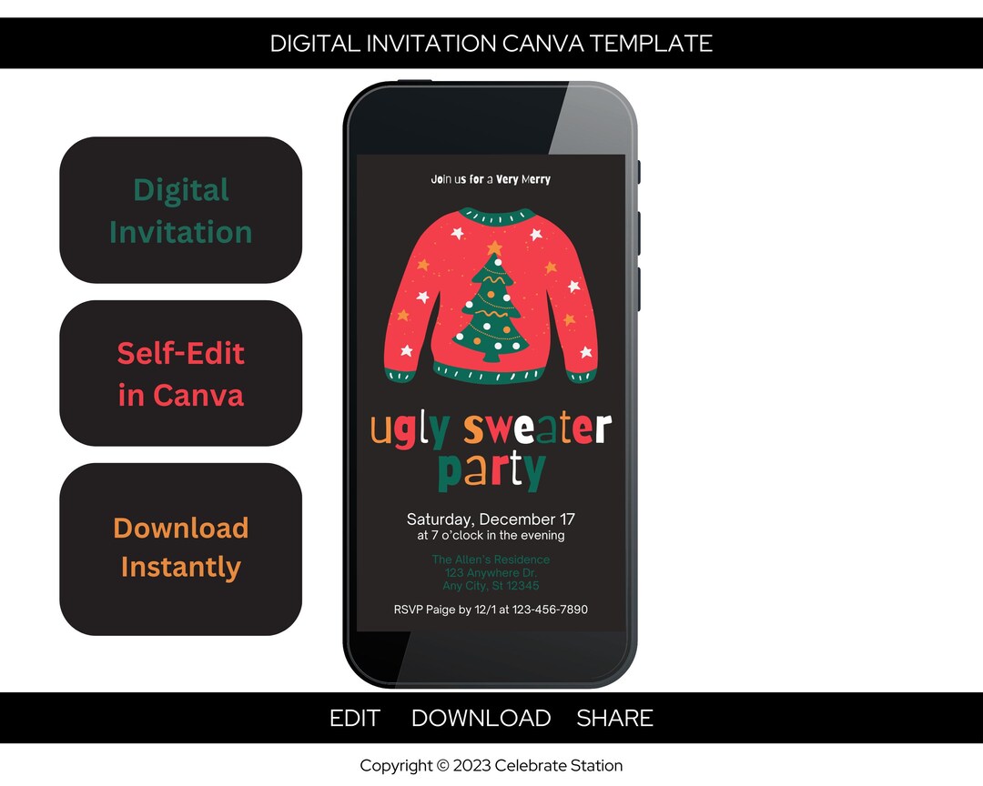 Ugly Sweater Christmas Party Invitation, Red, Digital Editable Canva ...