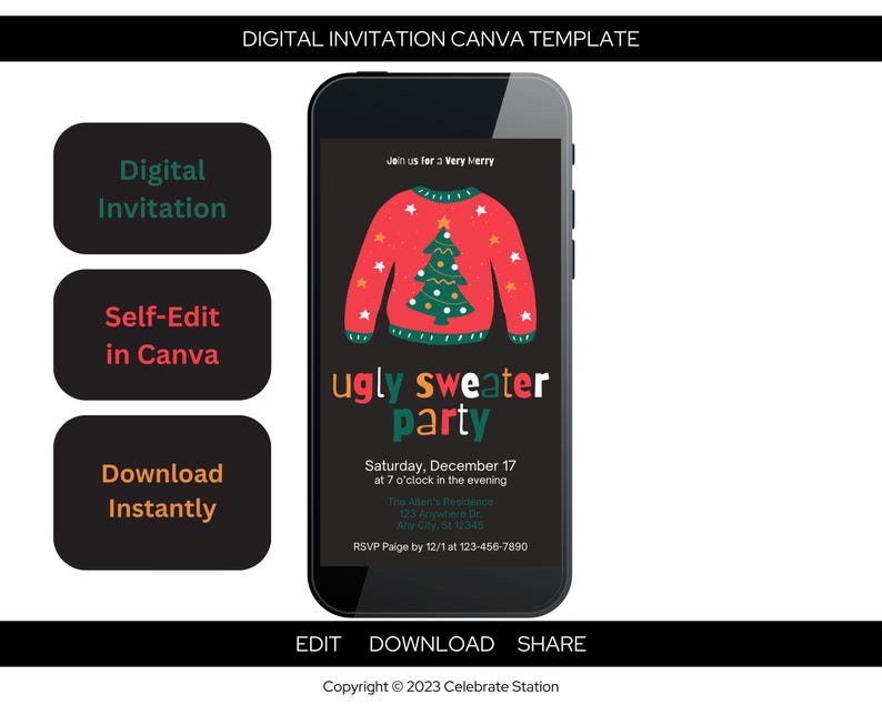 Ugly Sweater Christmas Party Invitation, Red, Digital Editable Canva ...