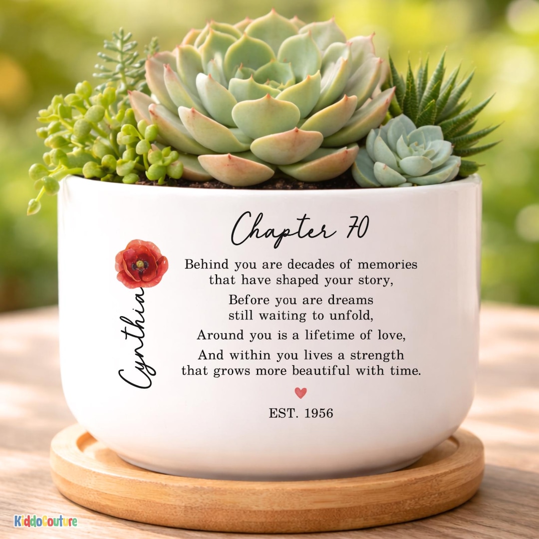 70th Birthday Gift for Women, Personalized Birth Flower Plant Pot ...