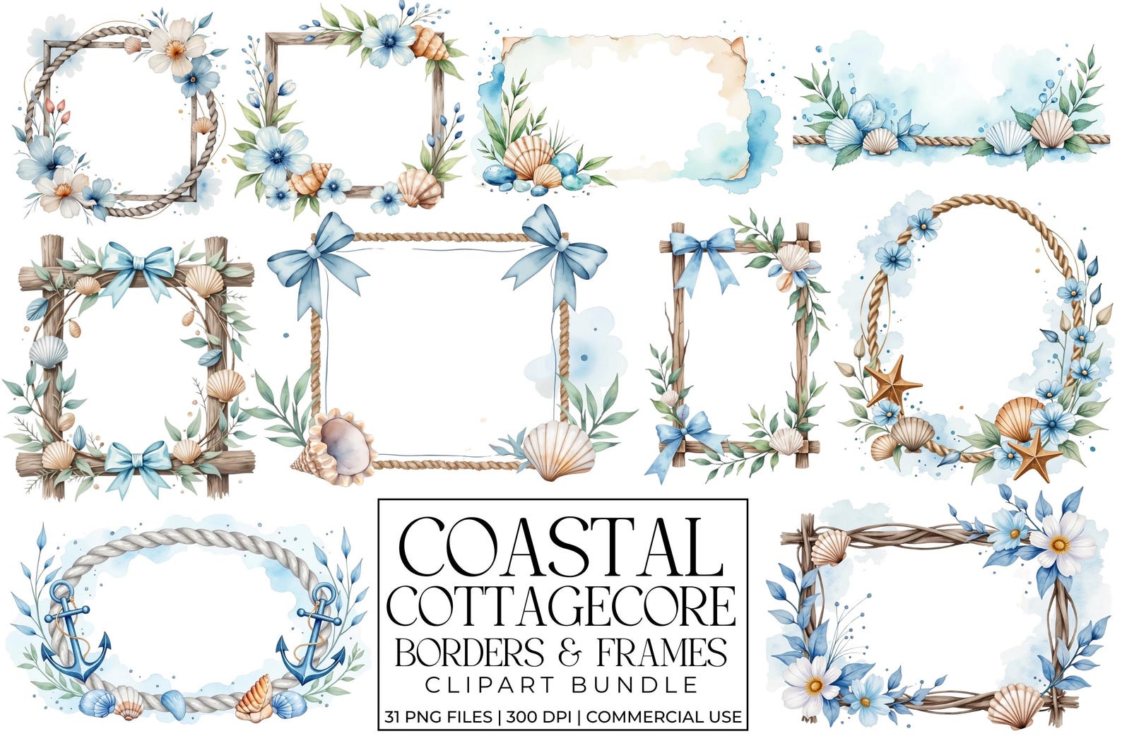 Coastal Cottagecore Borders Frames Clipart, Seashell Watercolor ...