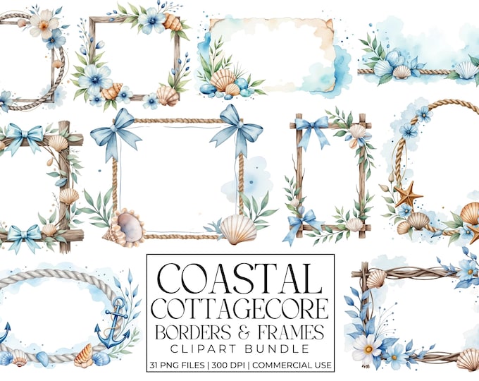 Coastal Cottagecore Borders Frames Clipart, Seashell Watercolor ...