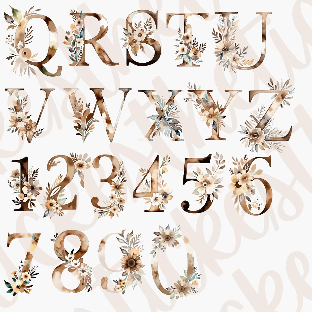 Boho Floral Letters Clipart Bundle, English Alphabet and Numbers ...