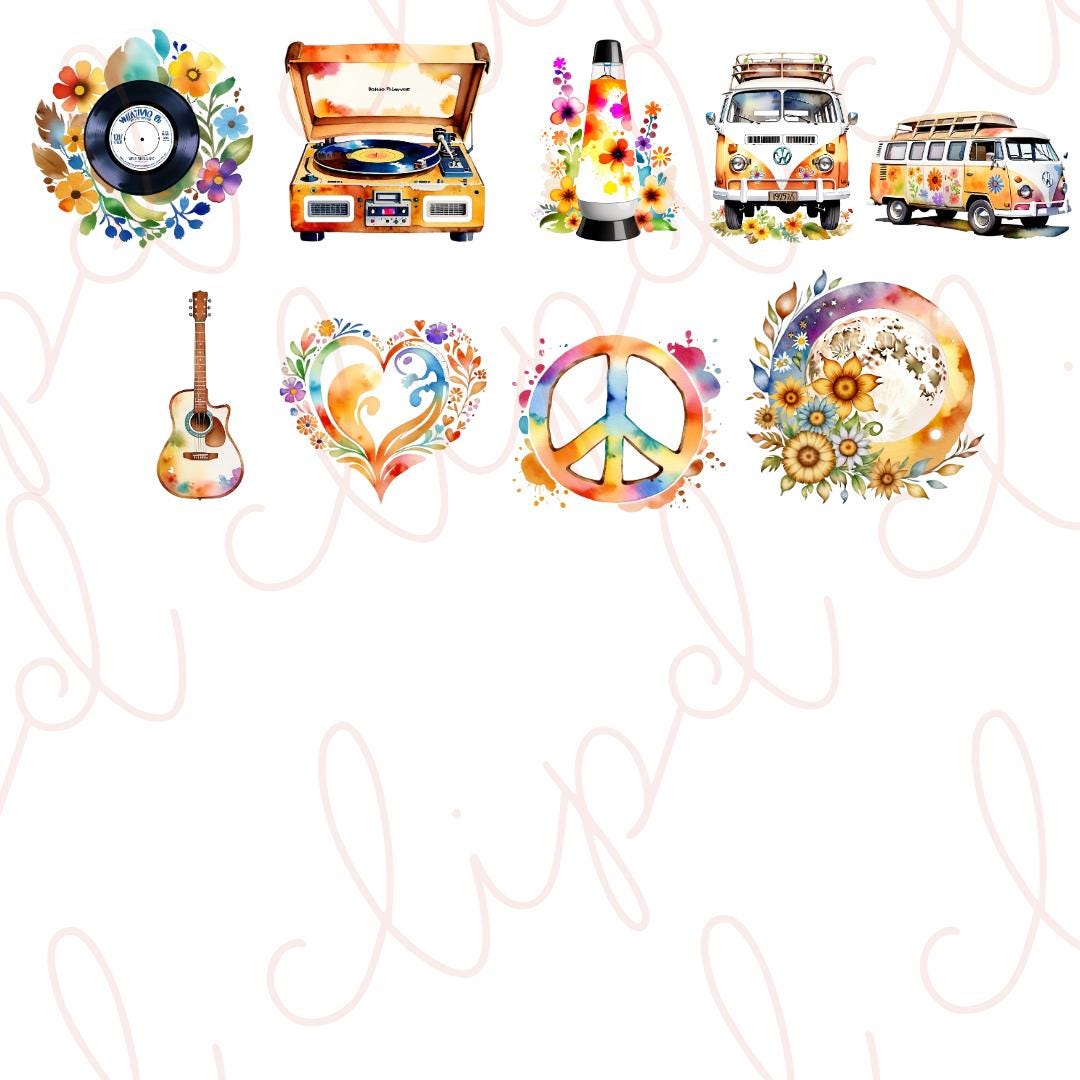 Boho Hippie Clipart, Retro 1970s Clip Art, Vintage Hippie Graphics ...