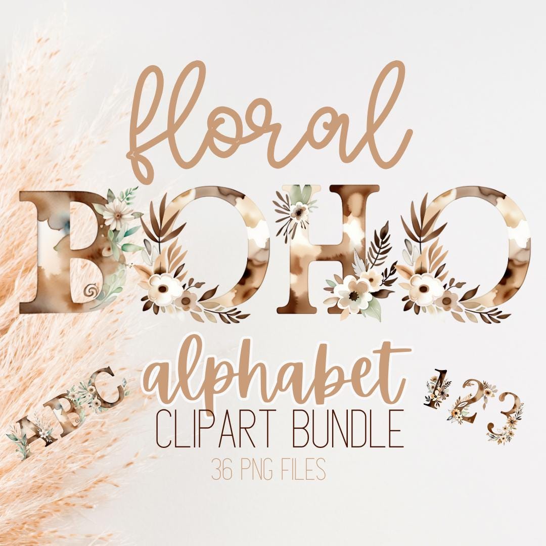 Boho Floral Letters Clipart Bundle, English Alphabet and Numbers ...