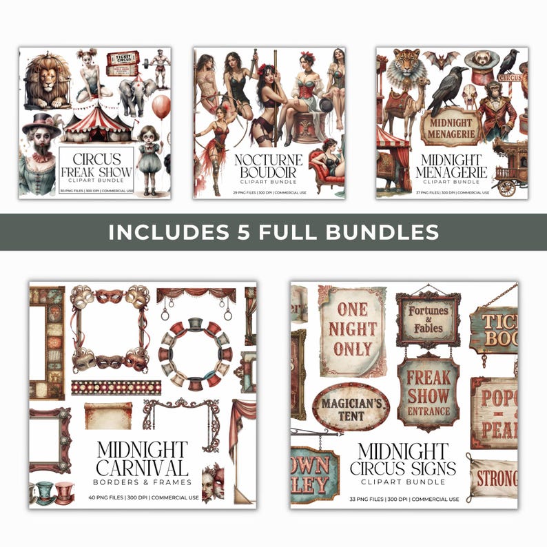 Midnight Carnival Clipart Collection, Bonus Digital Papers, Watercolor ...