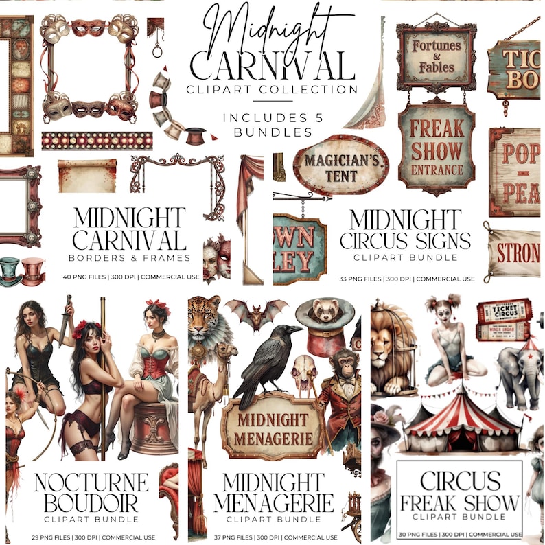 Midnight Carnival Clipart Collection, Bonus Digital Papers, Watercolor ...