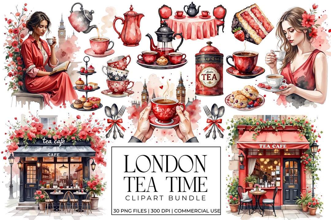 London Tea Time Watercolor Clipart, Red & Black Afternoon Tea, Cozy ...