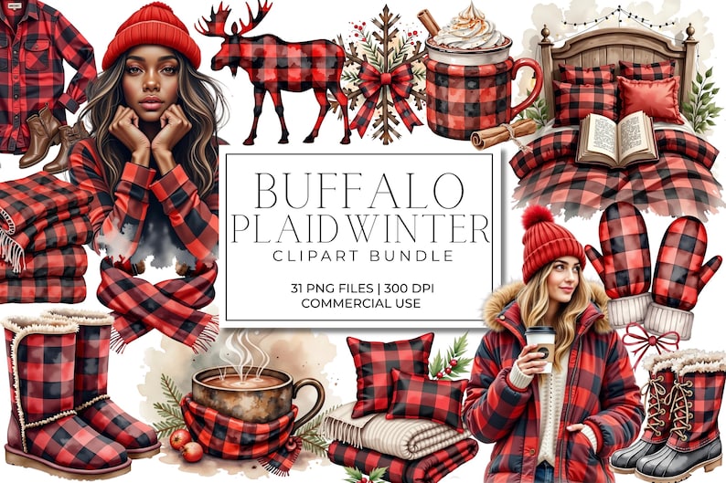 Buffalo Plaid Winter Clipart Bundle | Cozy Farmhouse Christmas PNG ...