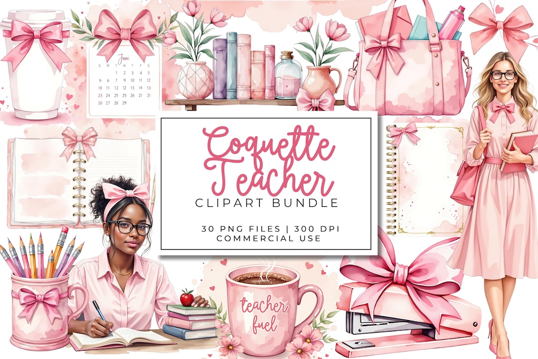 Coquette Teacher Clipart Bundle | Pink School Pngs | Cute Teacher ...