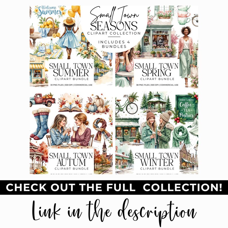 Small Town Summer Clipart Bundle, Watercolor Village Cafe Graphics ...