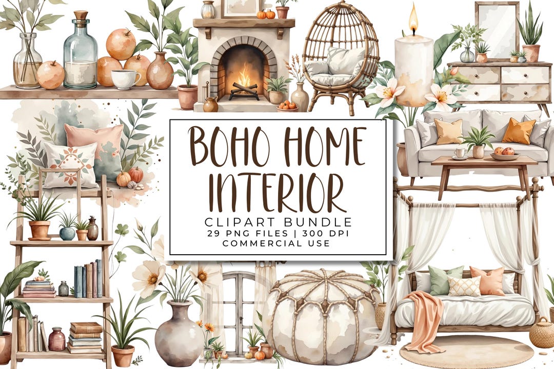Boho Home Interior Clipart Bundle | Watercolor Cozy Room PNG | Bohemian ...