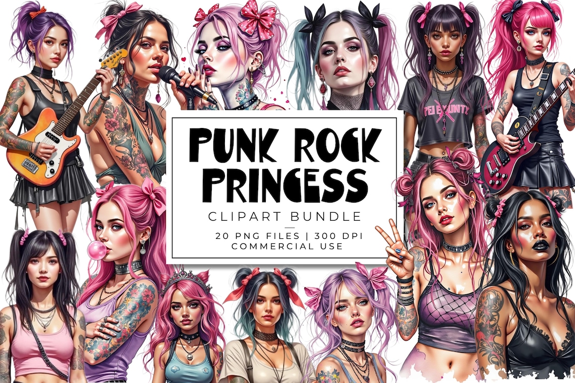 Punk Rock Princess Clipart Bundle | Emo Girl Graphics, Grunge Glam ...