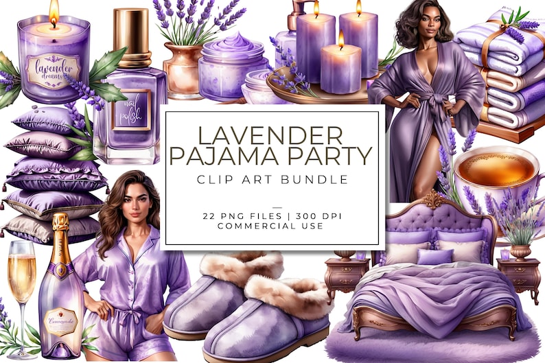 Lavender Pajama Party Clipart Bundle | Grown-up Sleepover Graphics, Spa ...